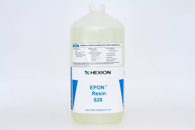 A large plastic container labeled EPON 828 stands upright. The label ...